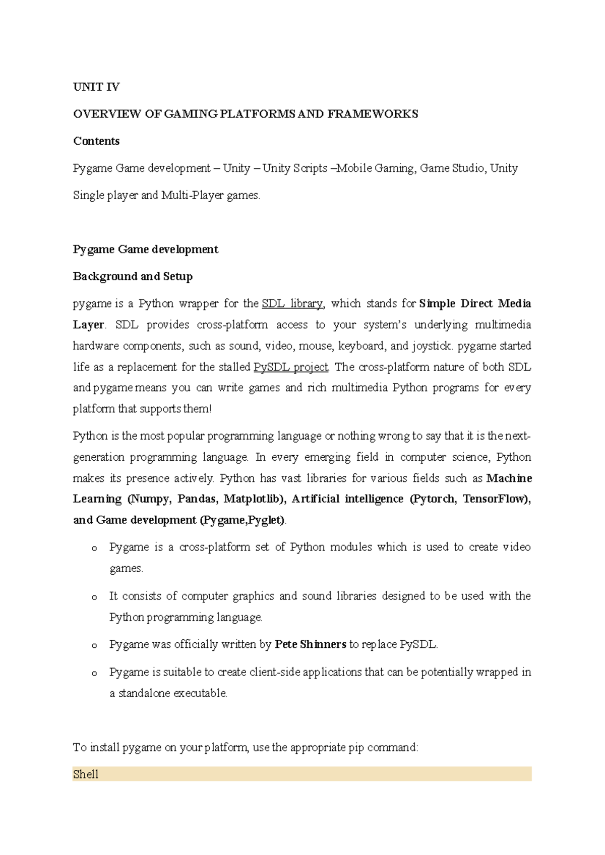 Unit IV - Unit 4 notes of app development - UNIT IV OVERVIEW OF GAMING ...