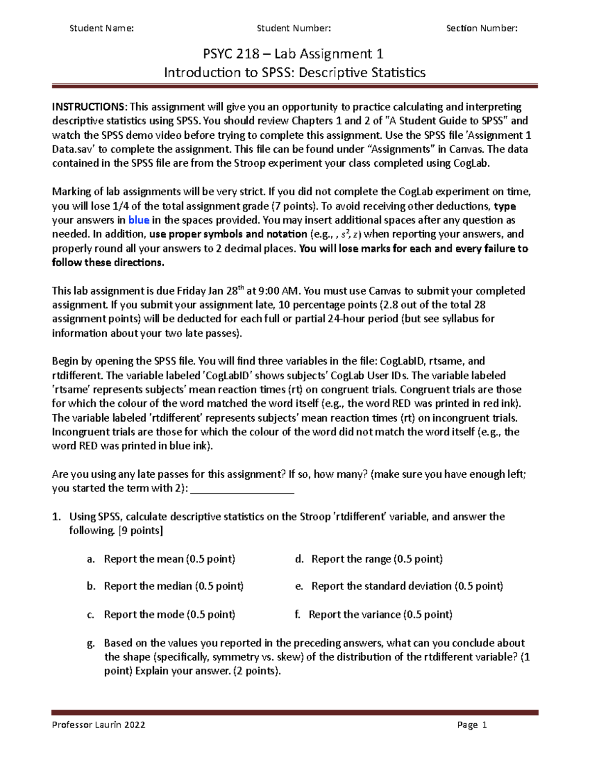 Assignment 1 2022-1-2 psyc 218 - Student Name: Student Number: Section Number: PSYC 218 – Lab ...