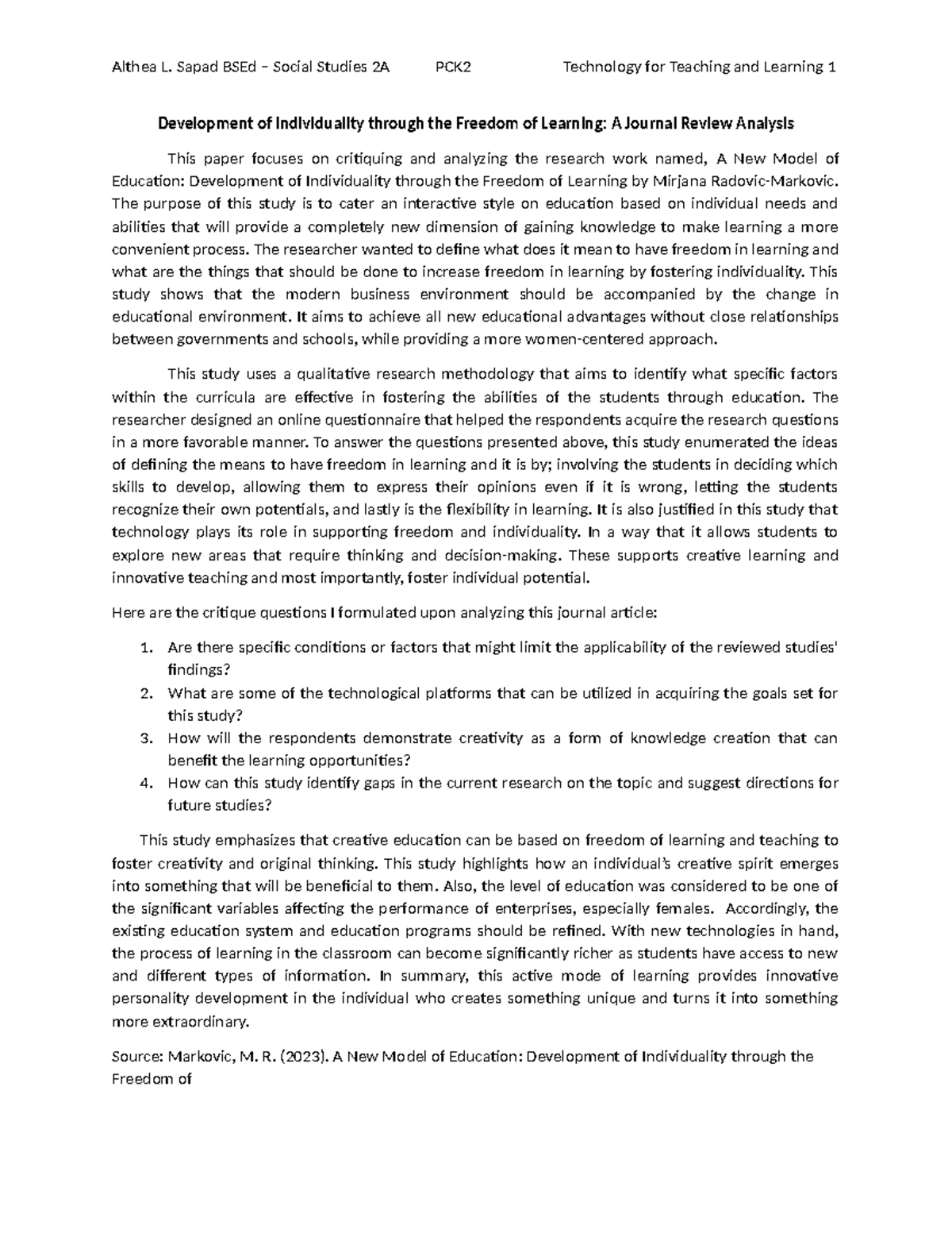 Journal Article Review Sapad - Althea L. Sapad BSEd – Social Studies 2A ...