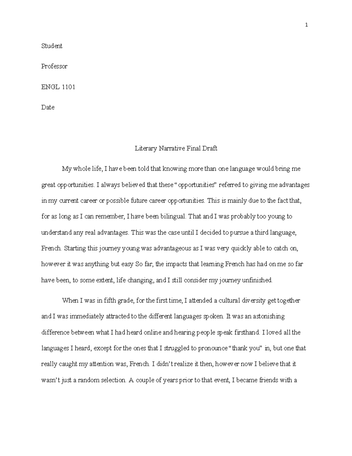 Literacy Narrative Essay - 1 Student Professor ENGL 1101 Date Literary ...