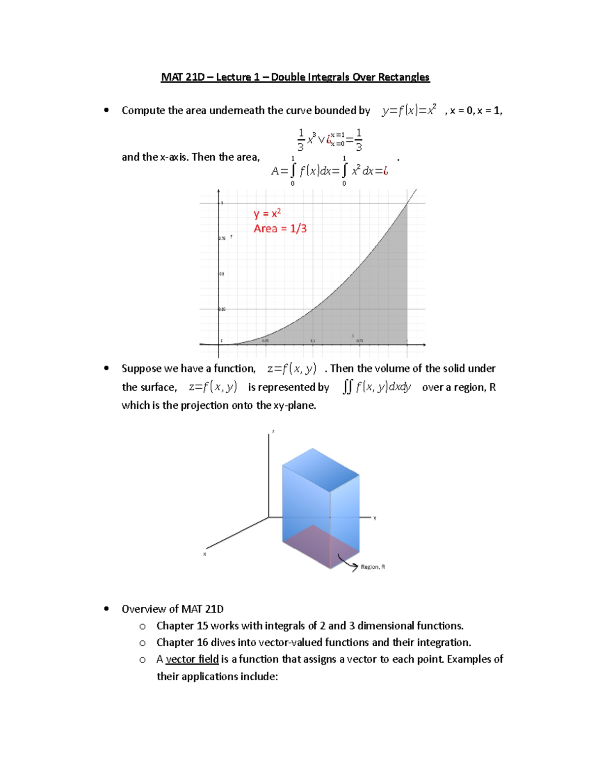 MAT 21D – Lecture 1 – Double Integrals Over Rectangles - MAT 21D ...