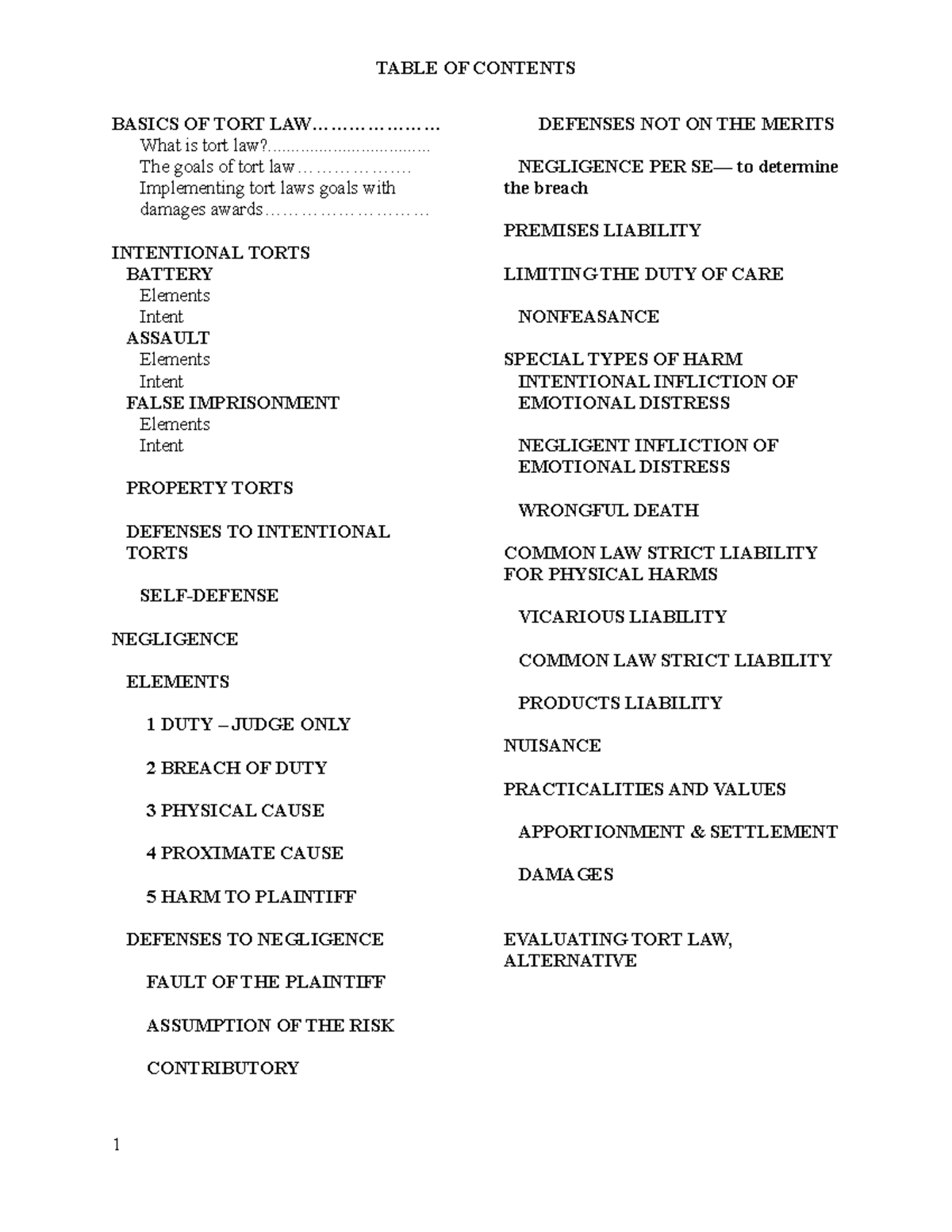 Torts Outline - TABLE OF CONTENTS BASICS OF TORT LAW ...