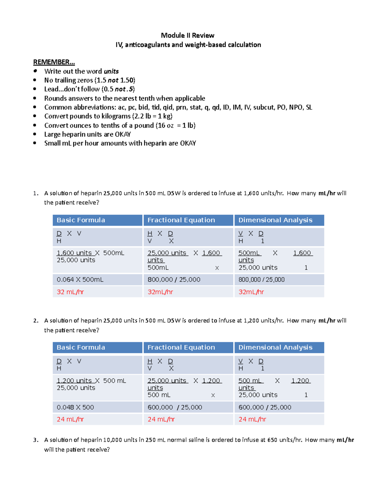 Drug Dose Calculations Module II Review Answers 1 - Module II Review IV ...