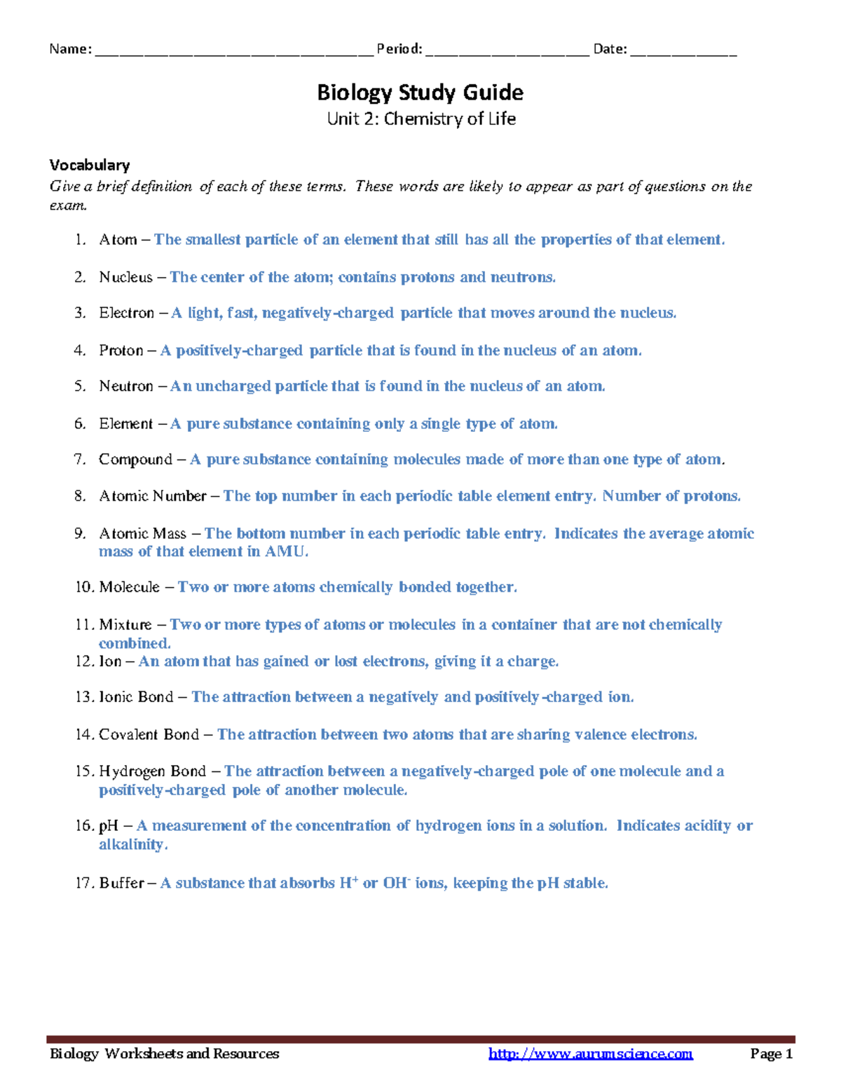 02 - Chemistry of Life Study Guide (Answer Key) - Name