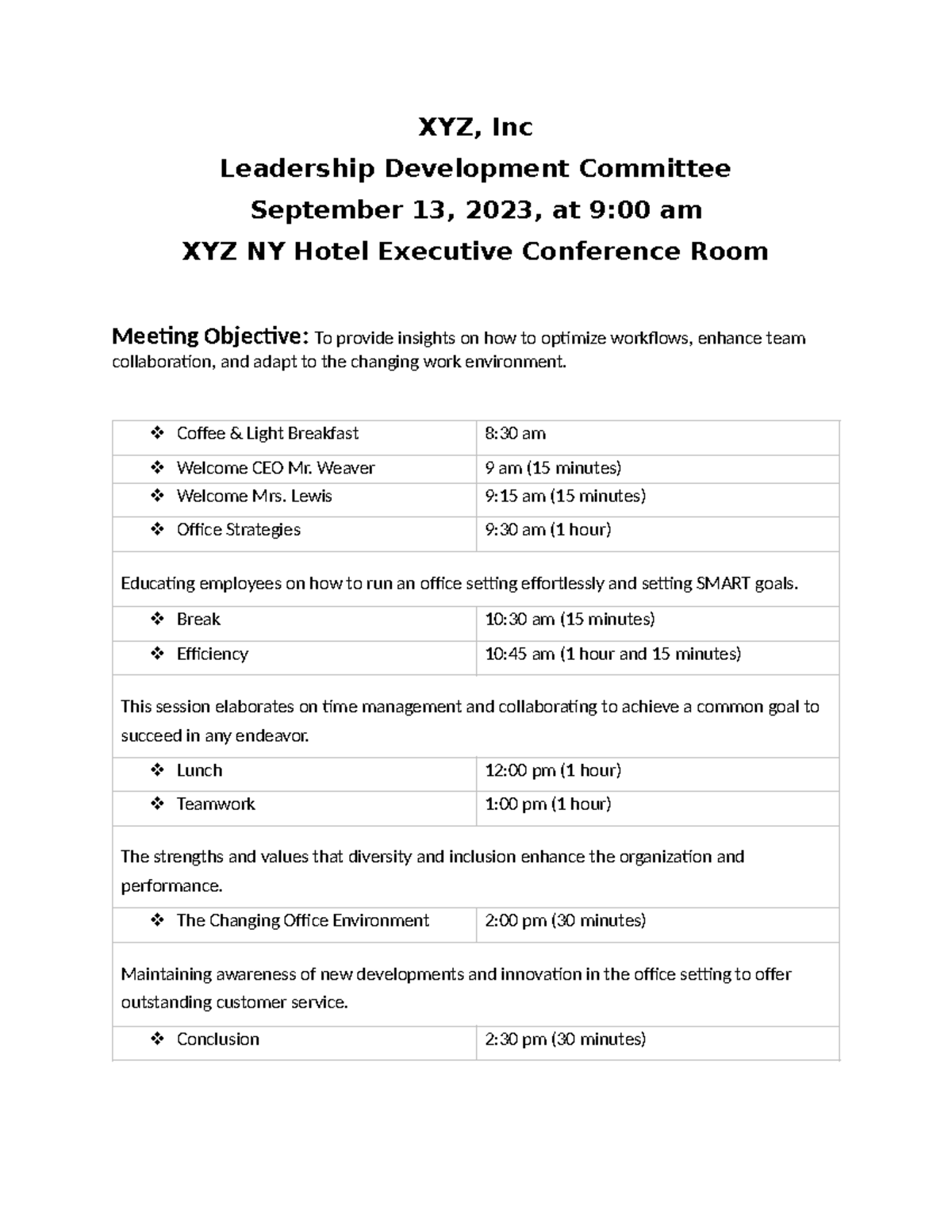 W4 Agenda Assessment - XYZ, Inc Leadership Development Committee ...