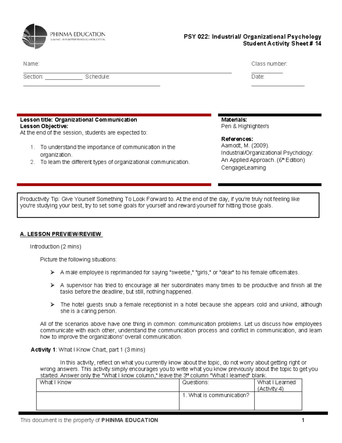 IO - Lesson 14 - industrial and organizational psychology - Student ...