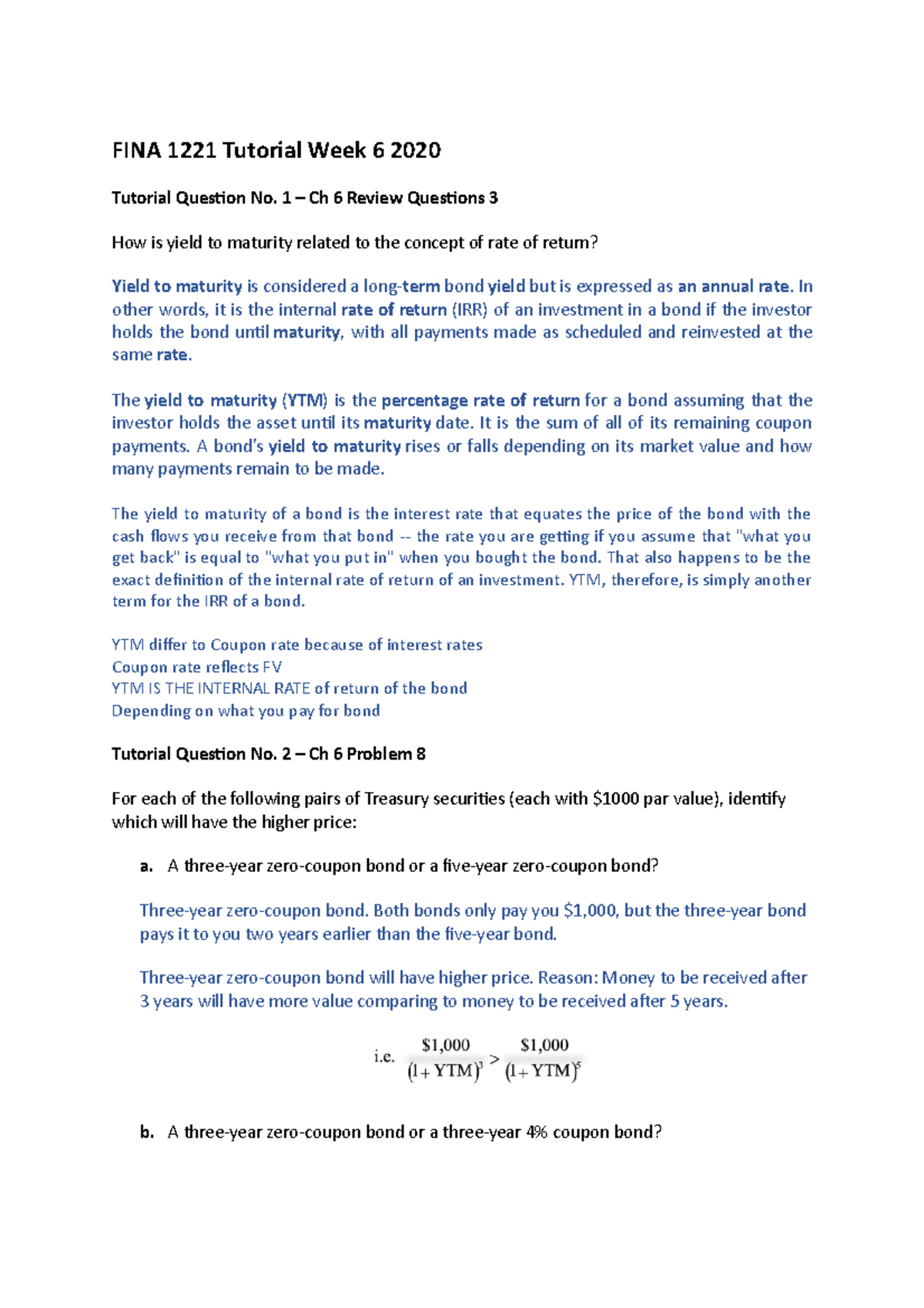 Tutorial FINA 1221 Wk 6 2020 - FINA 1221 Tutorial Week 6 2020 Tutorial ...