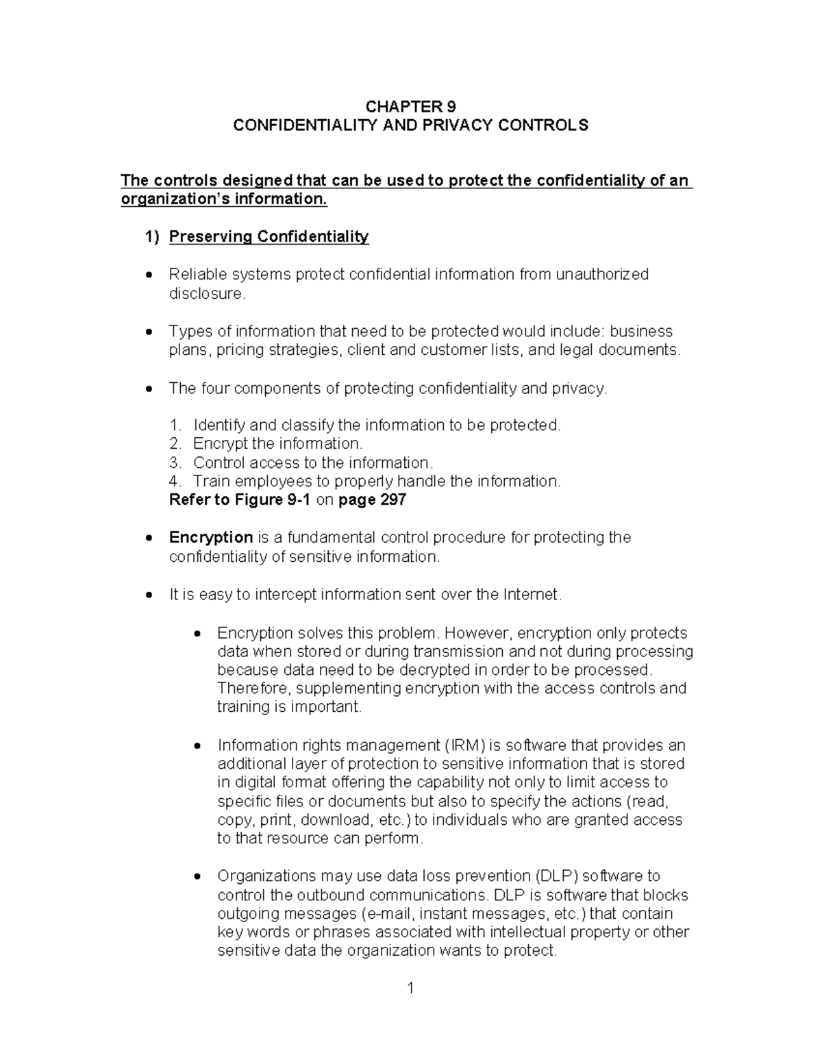 Confidentiality control NOte - CHAPTER 9 CONFIDENTIALITY AND PRIVACY CONTROLS The controls ...