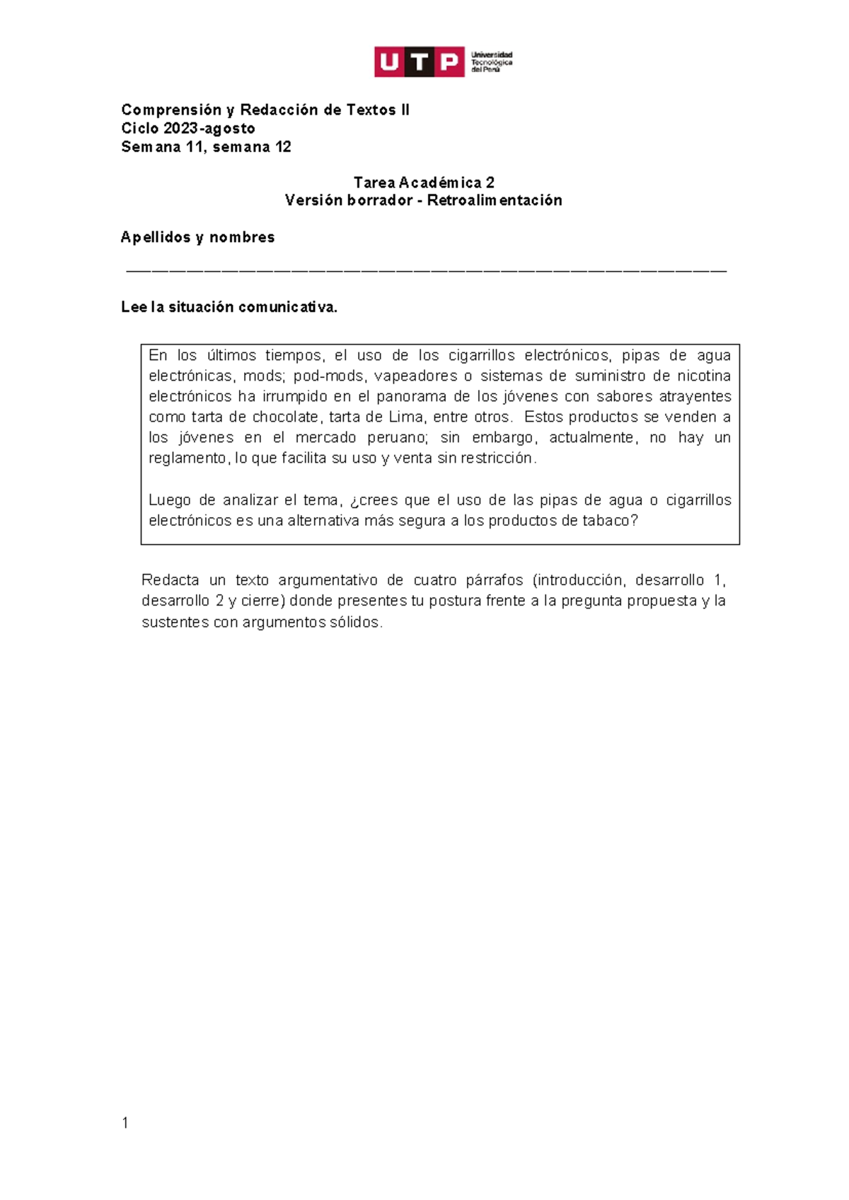 S11 y S12 - Formato TA2 version borrador TA2 - Comprensión y Redacción de Textos II Ciclo - Studocu