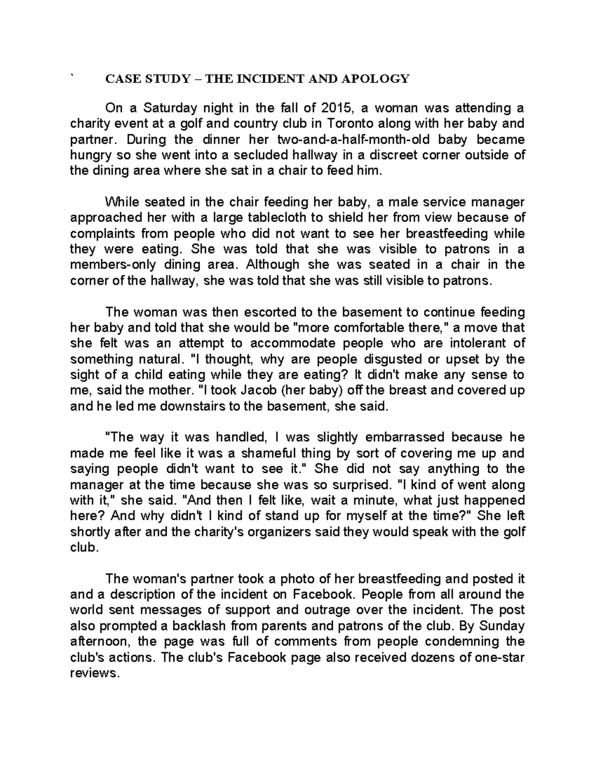 Case Study - The Incident and Apology - Final - ` CASE STUDY – THE ...