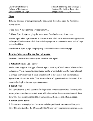 Plumbing and Drainage II-2 - College of Engineering Lecture: Dr ...