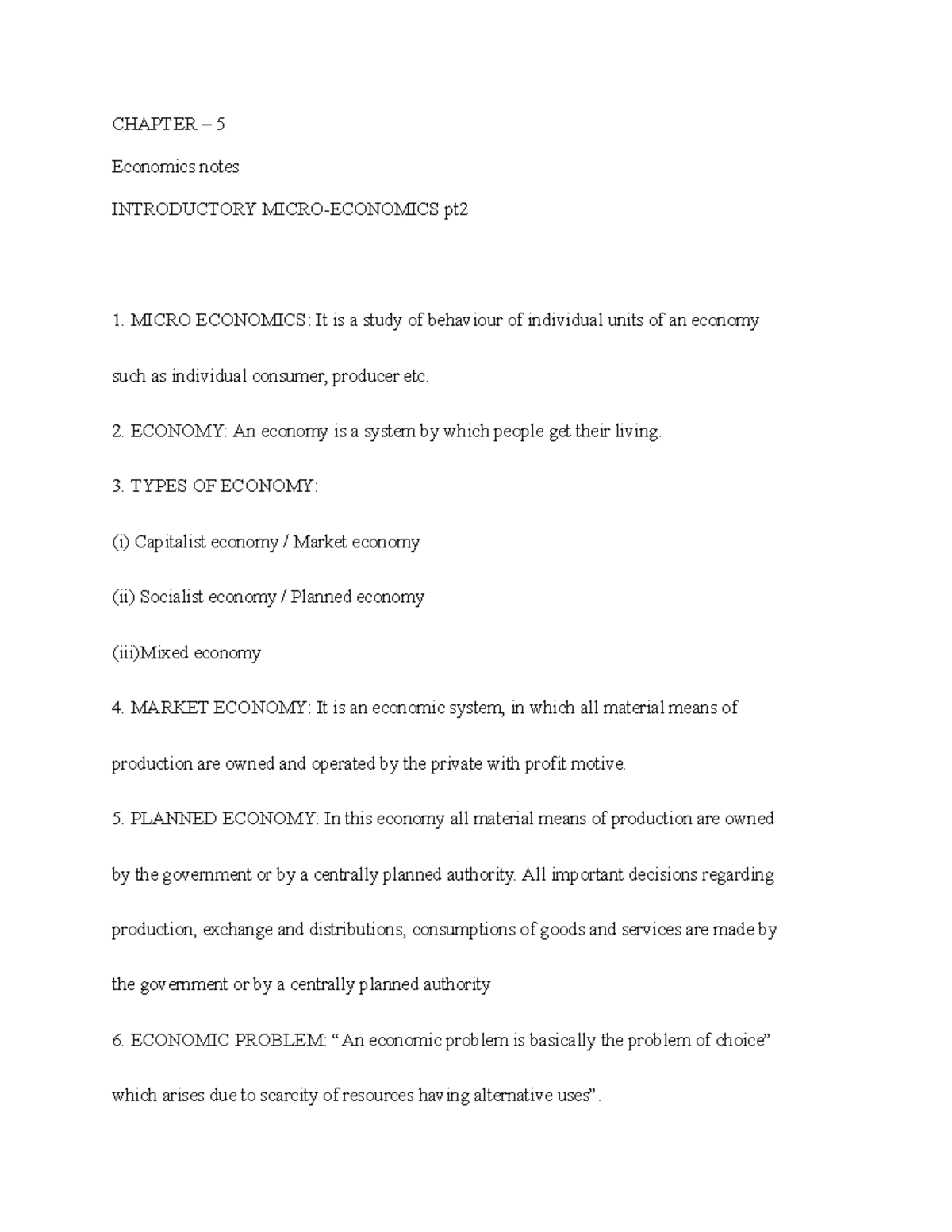 Chapter – 1 Economics Notes 1 pt - CHAPTER – 5 Economics notes ...