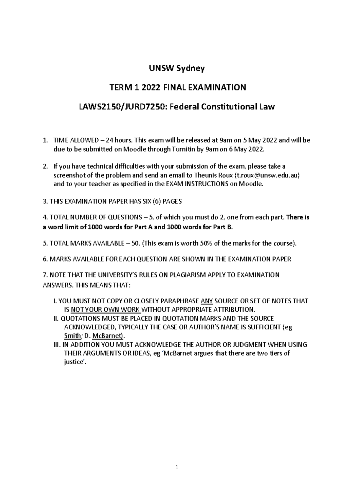 Fed Con final exam T1 2022 - UNSW Sydney TERM 1 2022 FINAL EXAMINATION ...