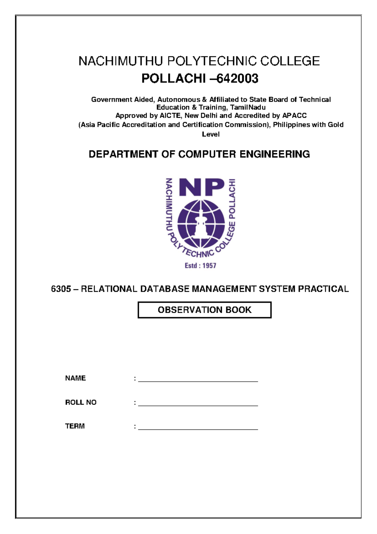 Rdbms manual 23.7.2022 - NACHIMUTHU POLYTECHNIC COLLEGE POLLACHI ...