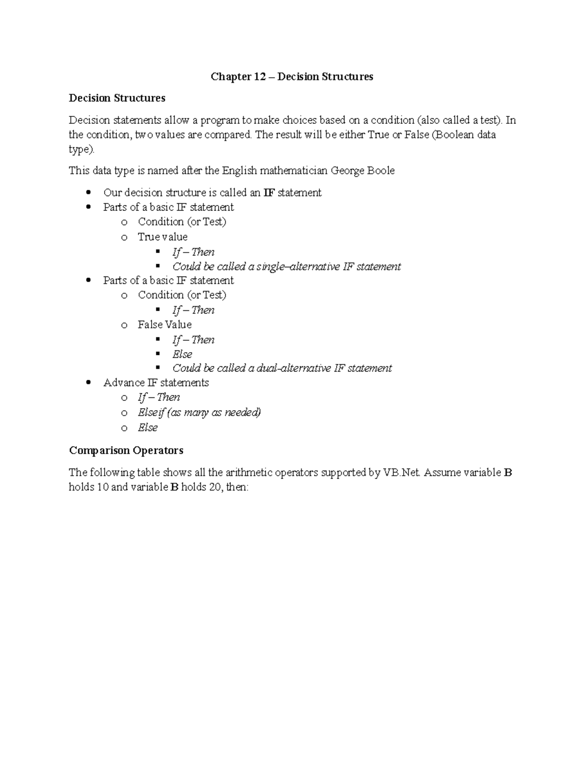 Chapter 12 - Decision Structures Notes - Chapter 12 – Decision ...