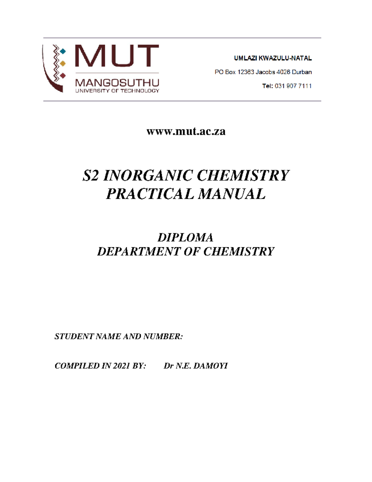 Inorganic Chemistry II Practicals - mut.ac S2 INORGANIC CHEMISTRY ...