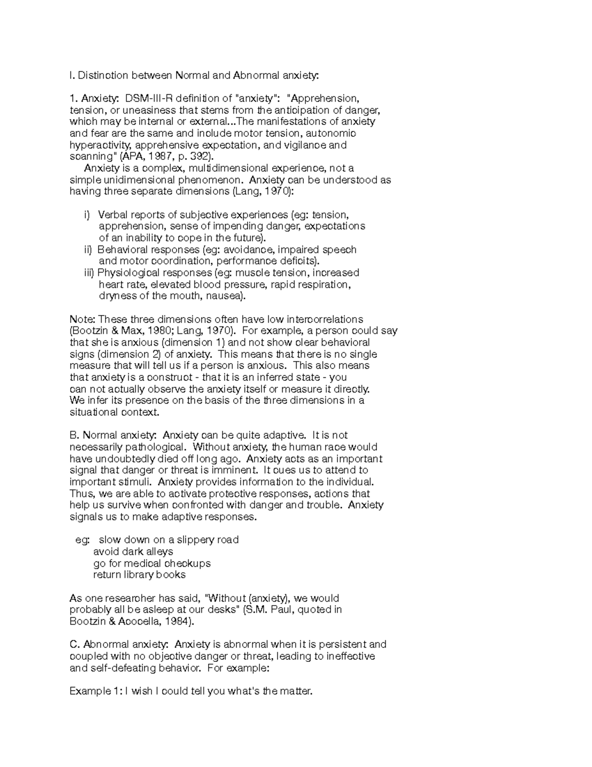 Ab psych notes 5 - I. Distinction between Normal and Abnormal anxiety ...