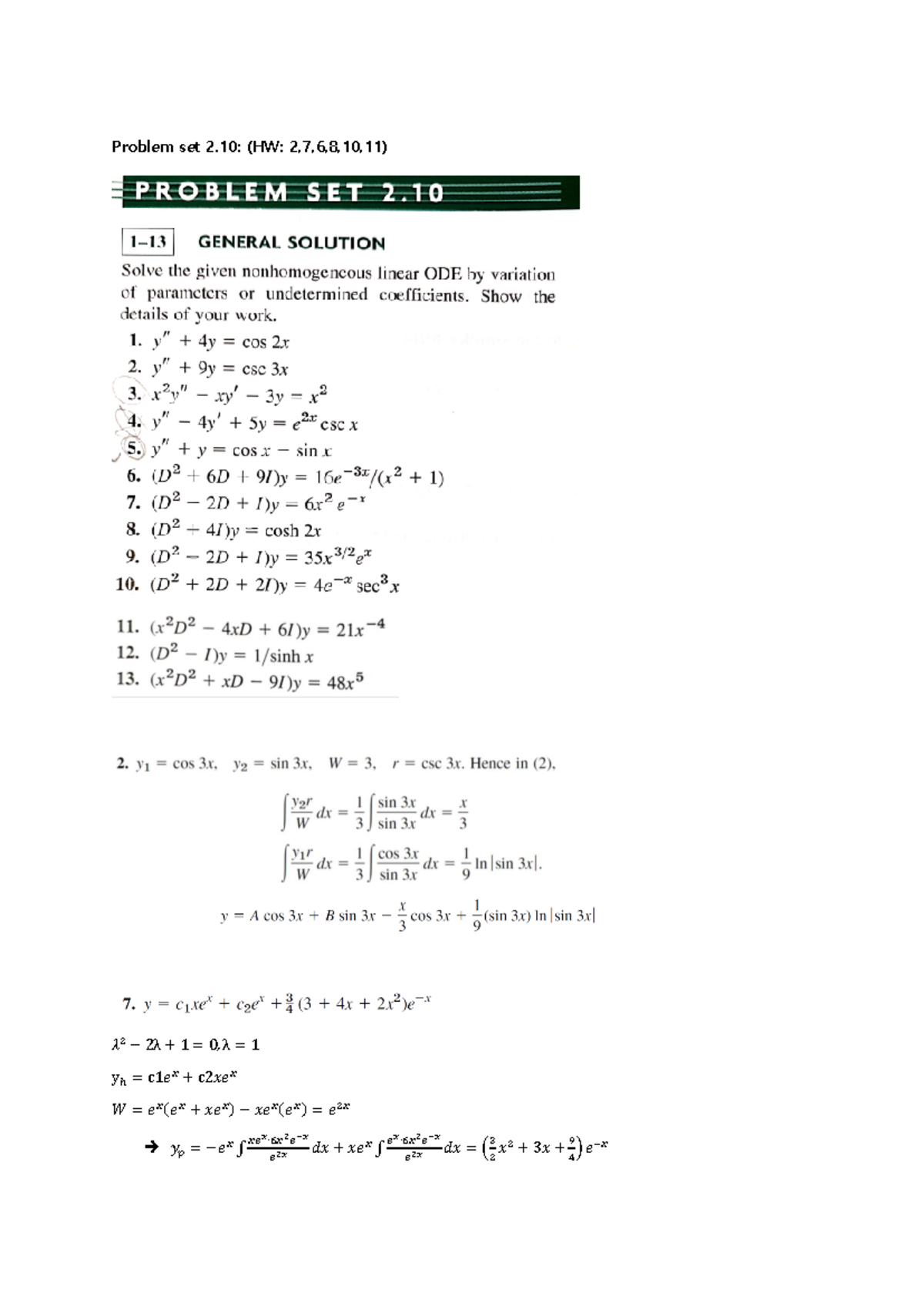 Problem set 5 - 화학 보고서 - Problem set 2: (HW: 2,7,6,8,10, 11 ) 𝜆 2 − 2 λ + 1 = 0 , λ = 1 y ℎ ...