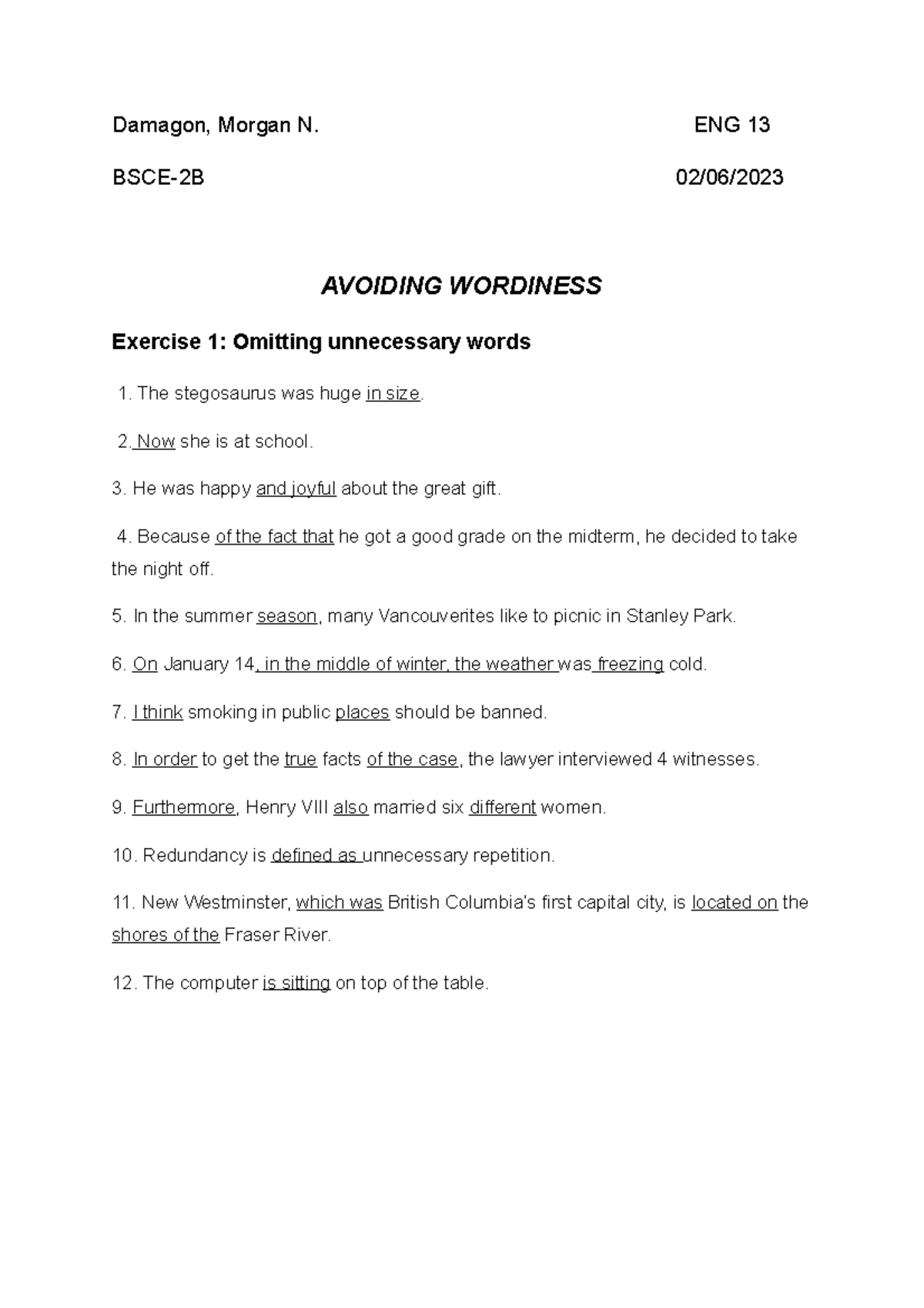 Avoiding Wordiness (ENG 13) - Damagon, Morgan N. ENG 13 BSCE-2B 02/06 ...