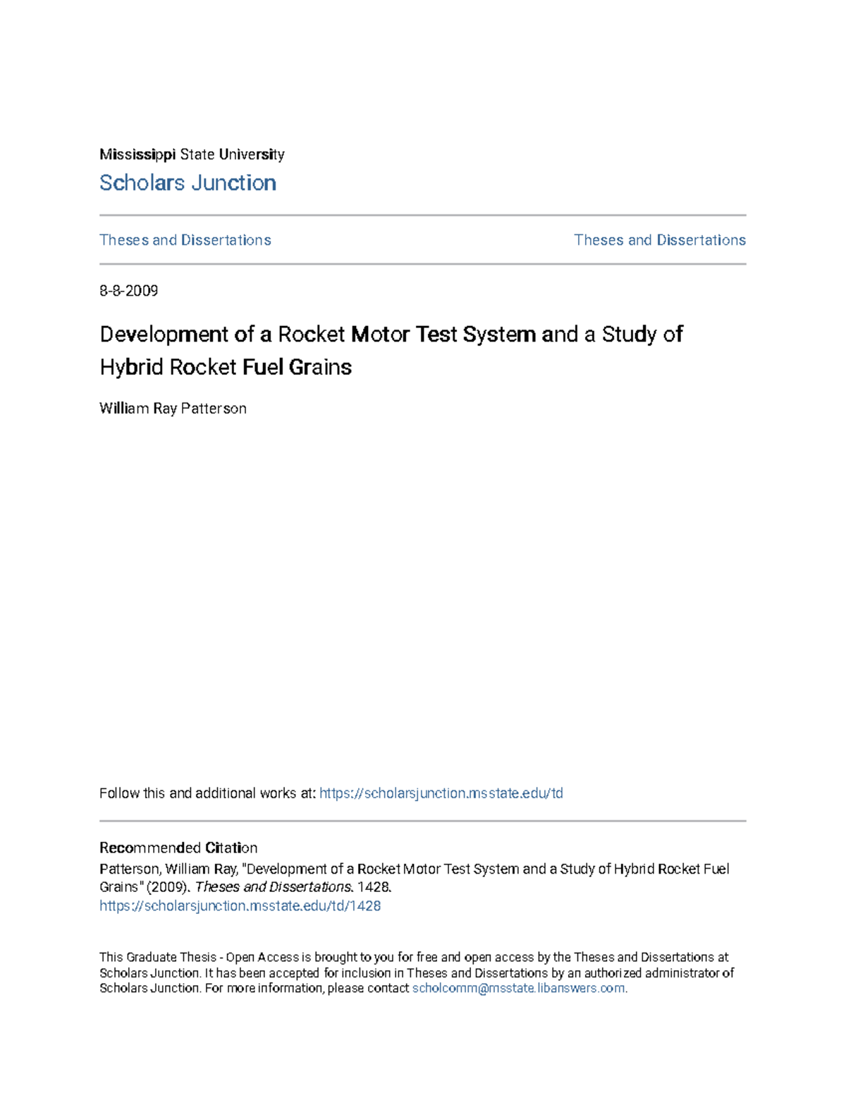 Development of a Rocket Motor Test System and a Study of Hybrid R ...