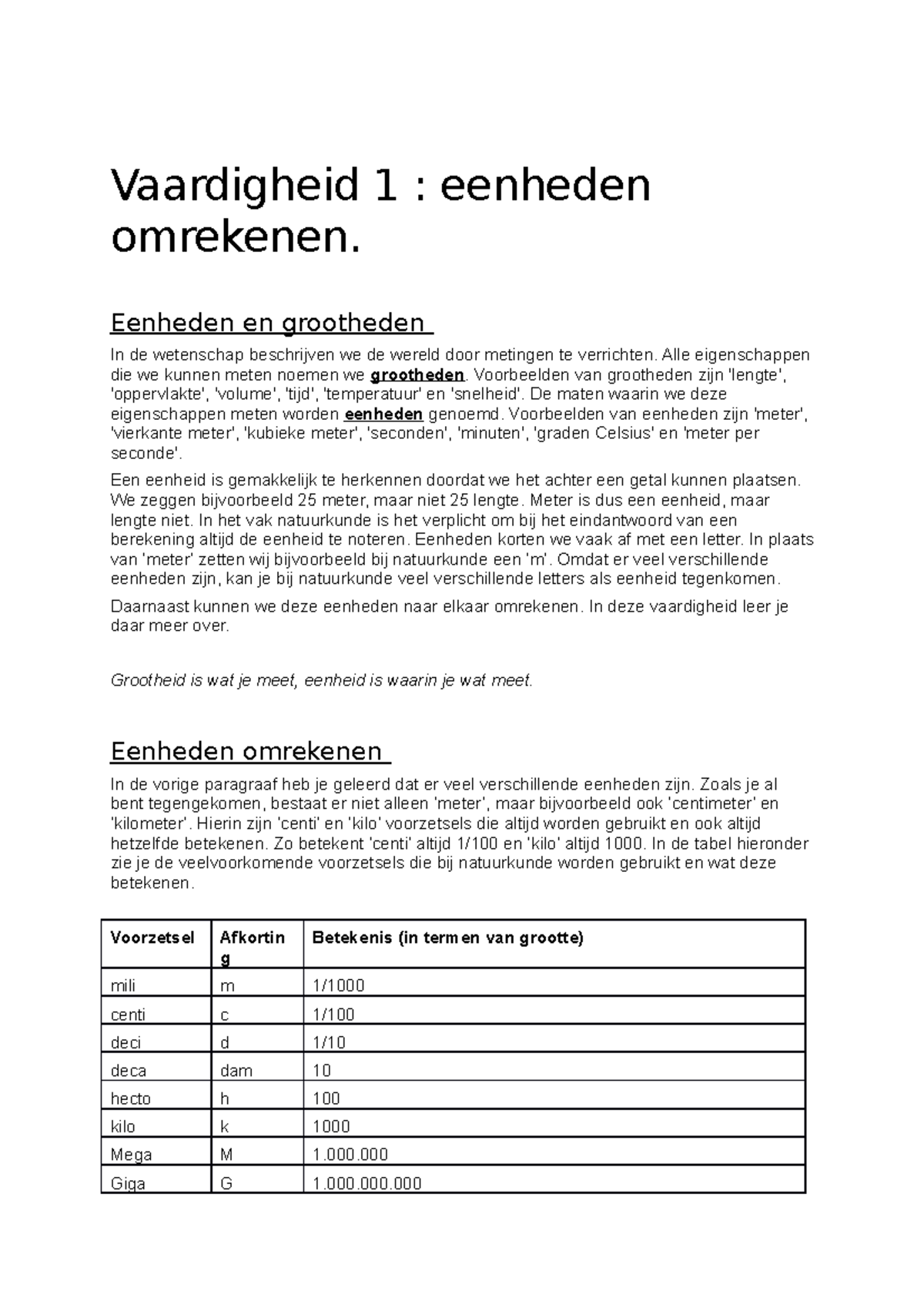 Eenheden omrekenen - Vaardigheid 1 : eenheden omrekenen. Eenheden en ...