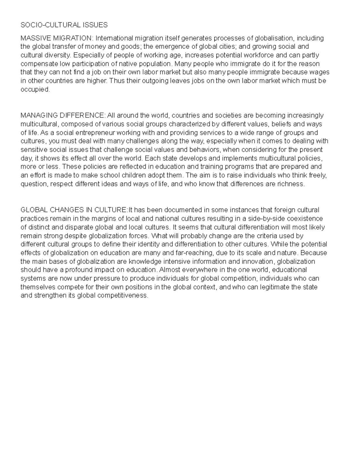 SOCIO-CULTURAL ISSUES MANAGING DIFFERENCE: GLOBAL CHANGES IN CULTURE ...