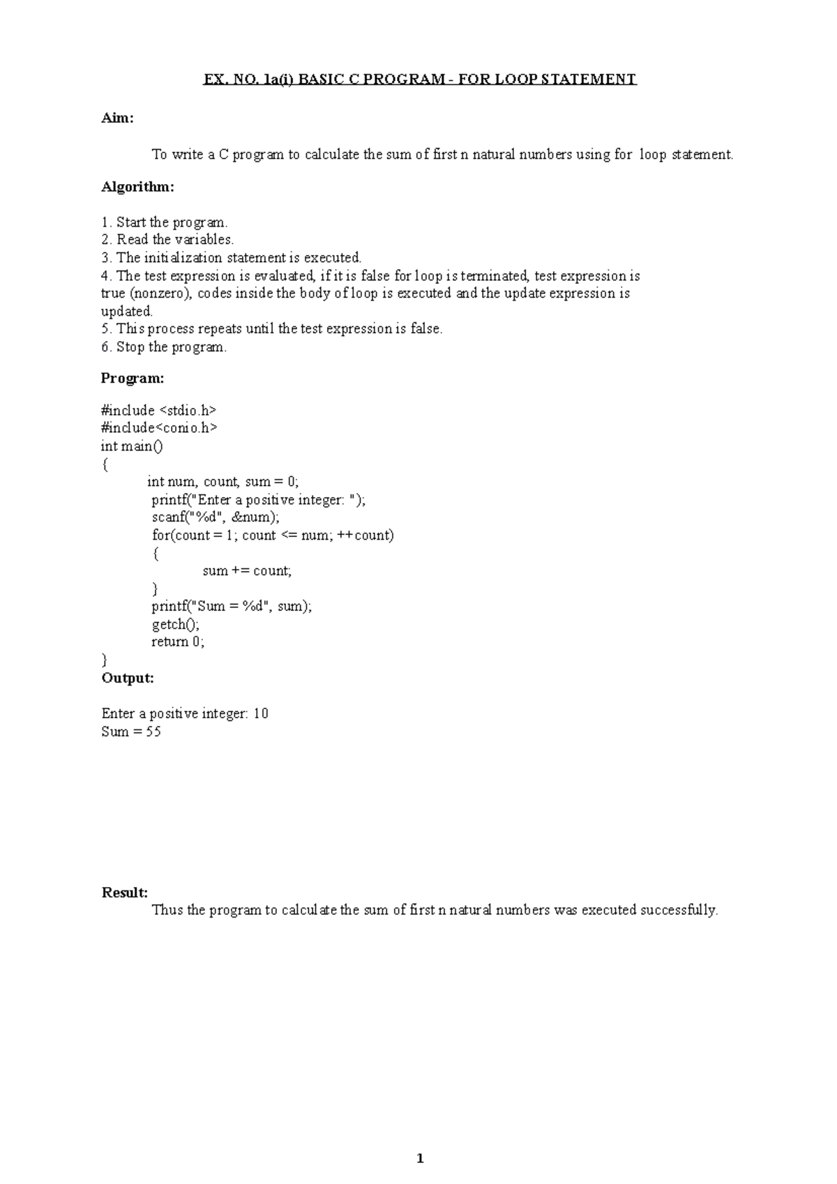 Ec8381 Fundamentals Of Ds In C Lab Manual Ex No 1a I Basic C Program For Loop Statement