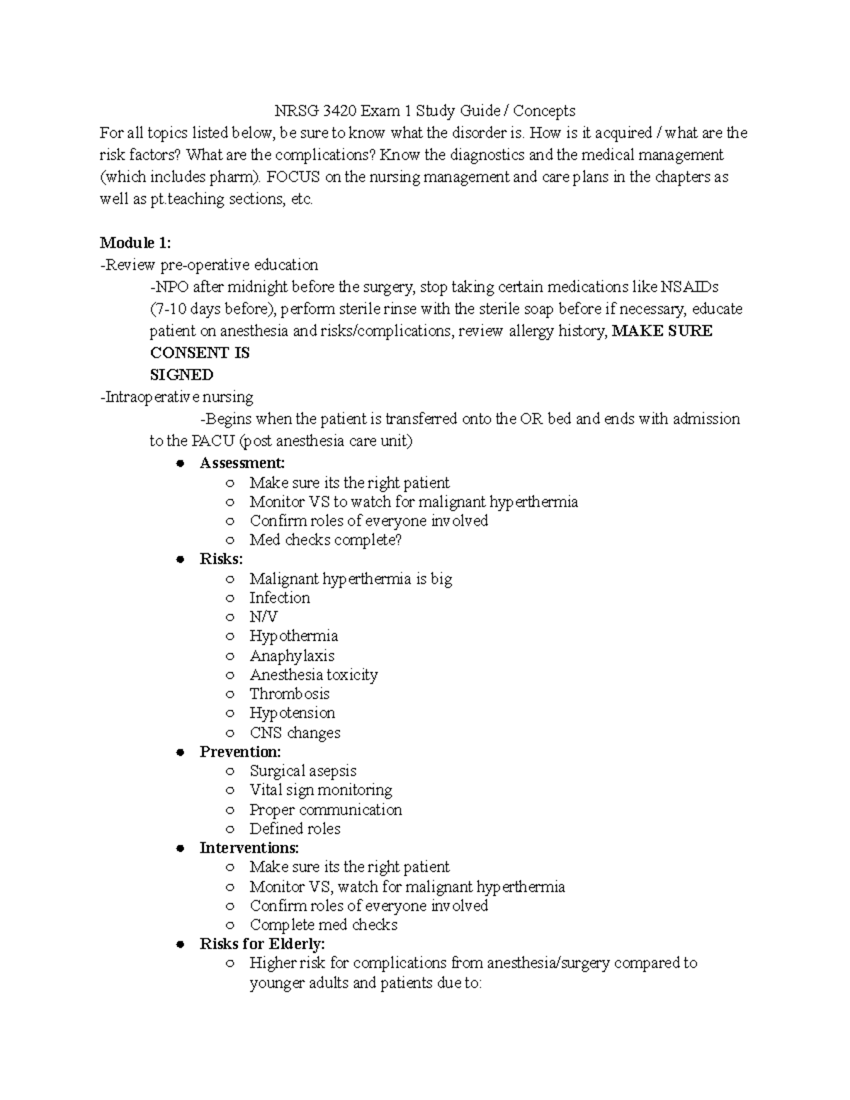 Study Guide Exam #1 - NRSG 3420 Exam 1 Study Guide / Concepts For all topics listed below, be ...