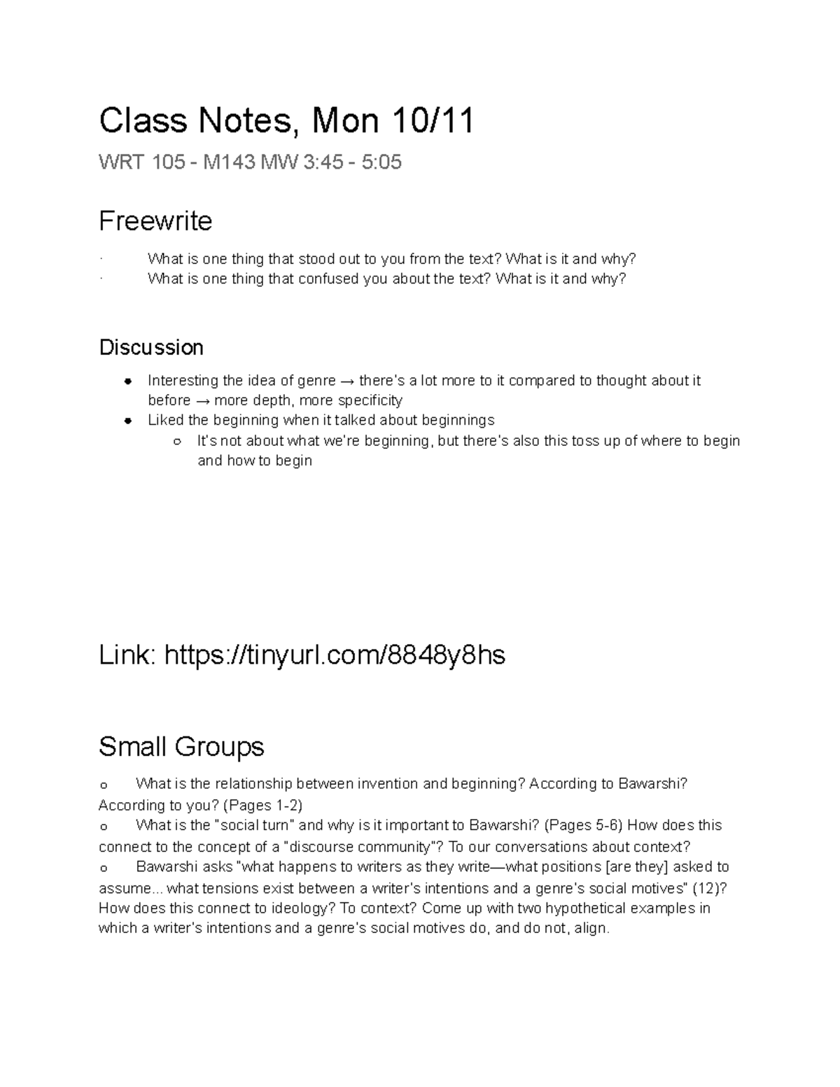 Class Notes, Mon 10 11 - Class Notes, Mon 10/ WRT 105 - M143 MW 3:45 ...