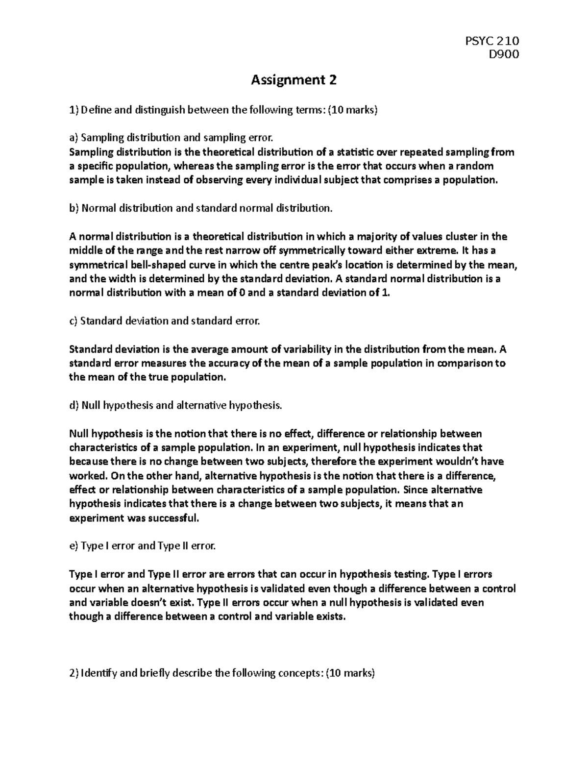 PSYC 210 Assignment 2 (Spring 2020) - PSYC 210 D Assignment 2 Deine and disinguish between the ...