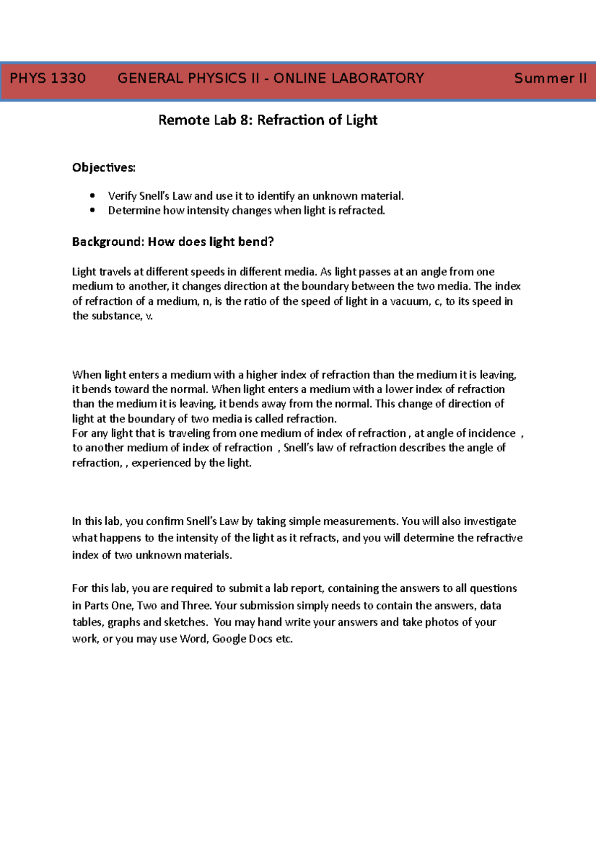 Experiment 8-PHYS 1330 - Remote Lab 8: Refraction of Light Objectives ...