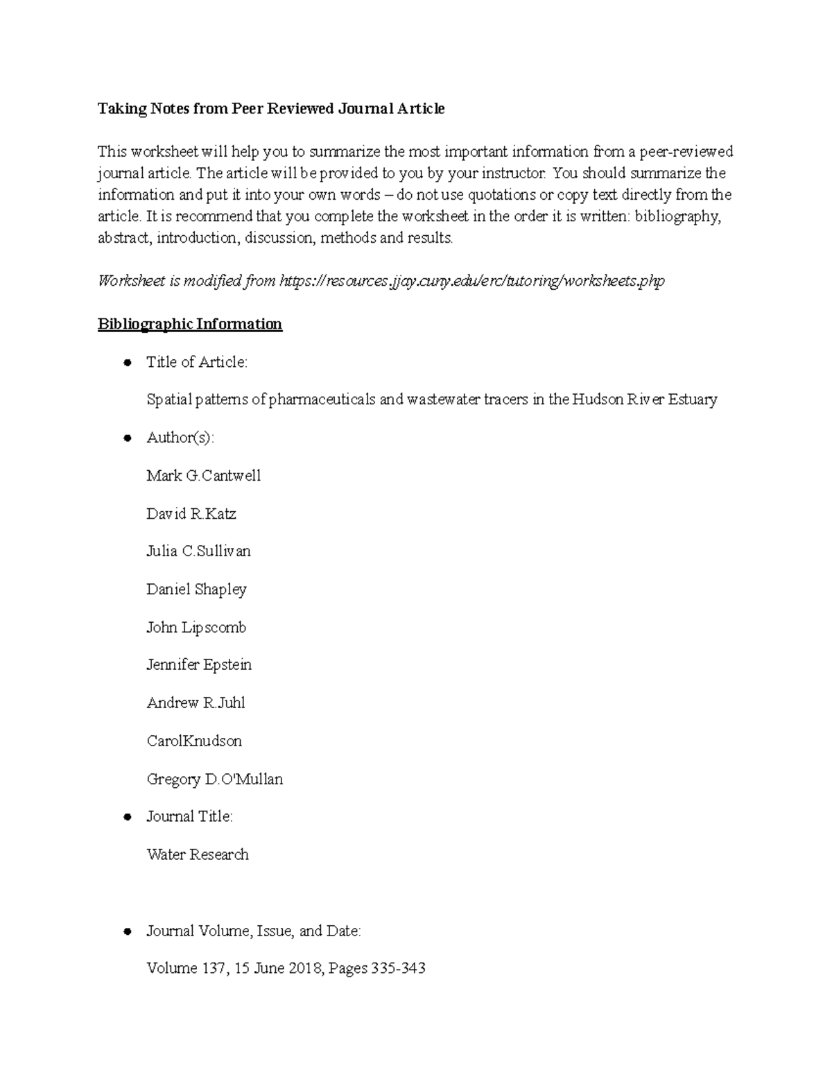 Taking Notes from Peer Reviewed Journal Article - The article will be ...