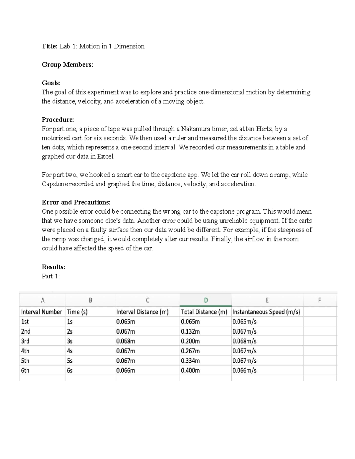 Physics Lab 1 - Title: Lab 1: Motion in 1 Dimension Group Members ...