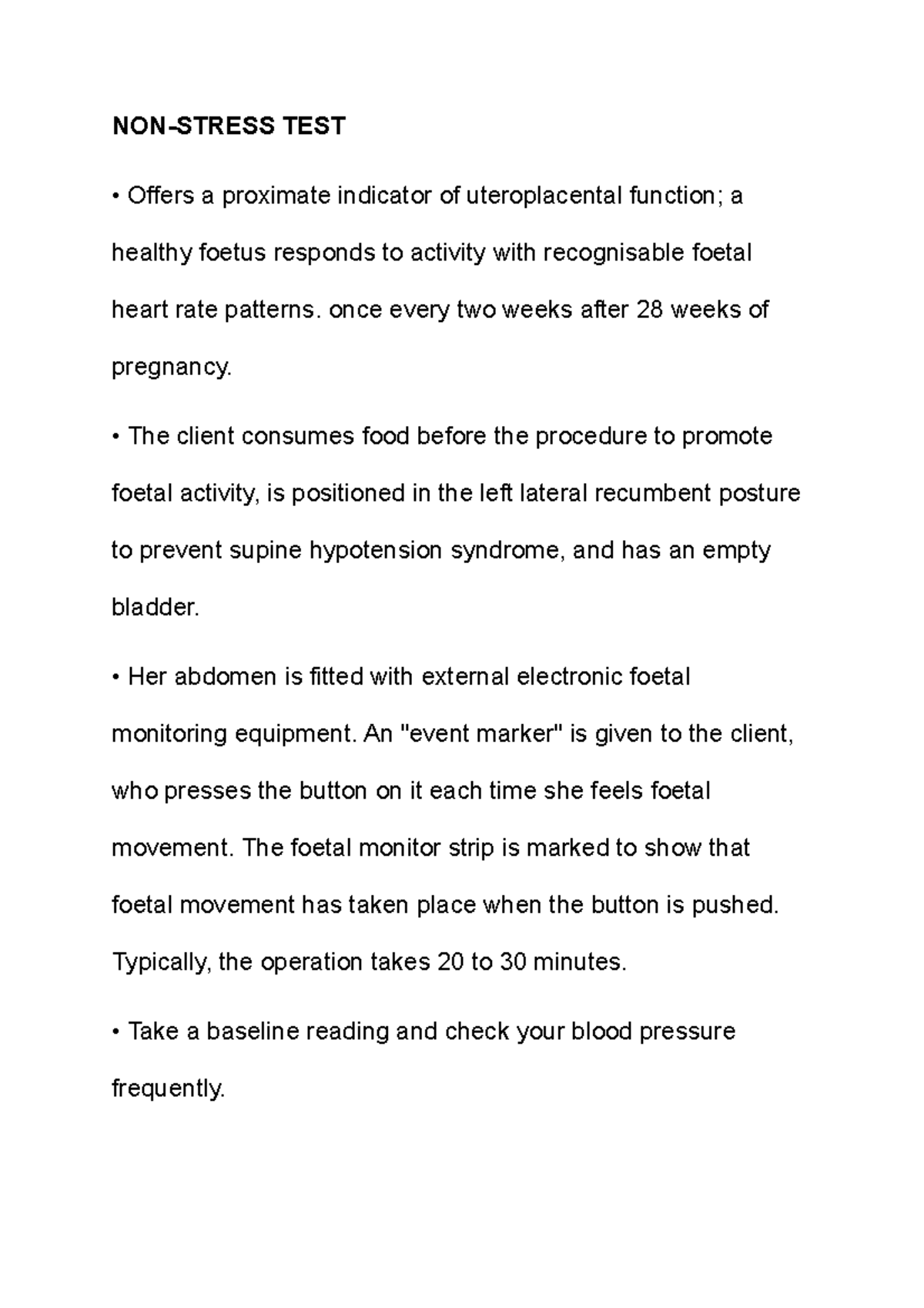 NON- Stress TEST - Notes - NON-STRESS TEST Offers a proximate indicator ...