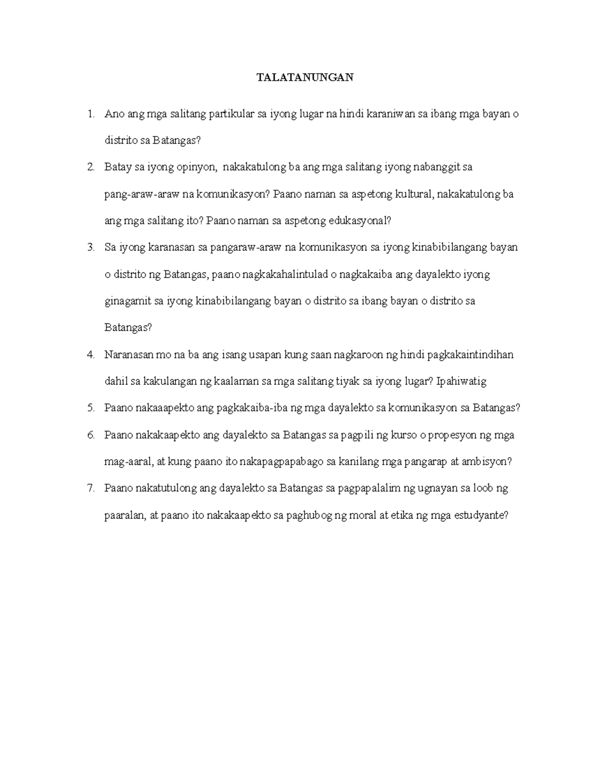 Talatanungan - notes - TALATANUNGAN Ano ang mga salitang partikular sa ...