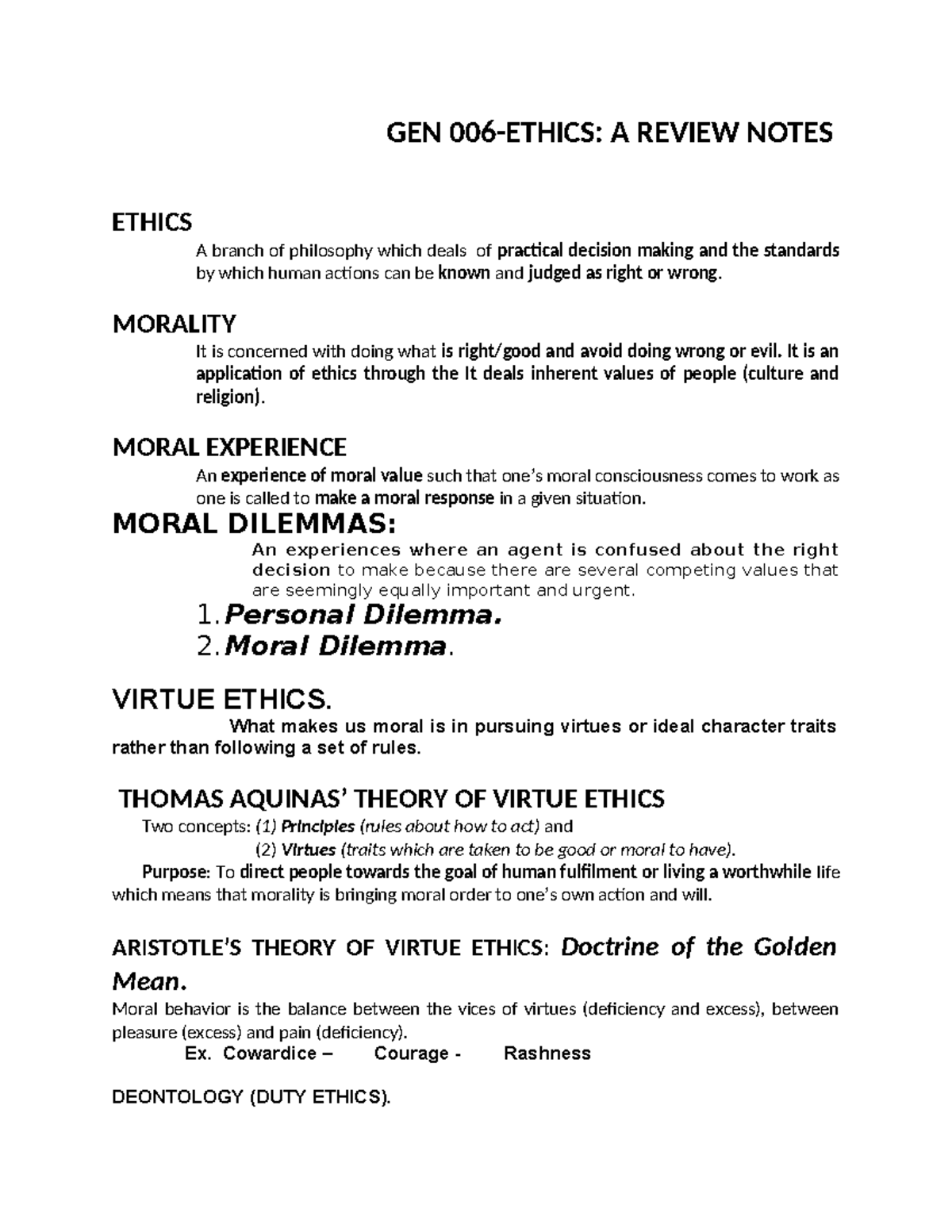 GEN 006 Ethics EDUC Review 1 29 23 - GEN 006-ETHICS: A REVIEW NOTES ...