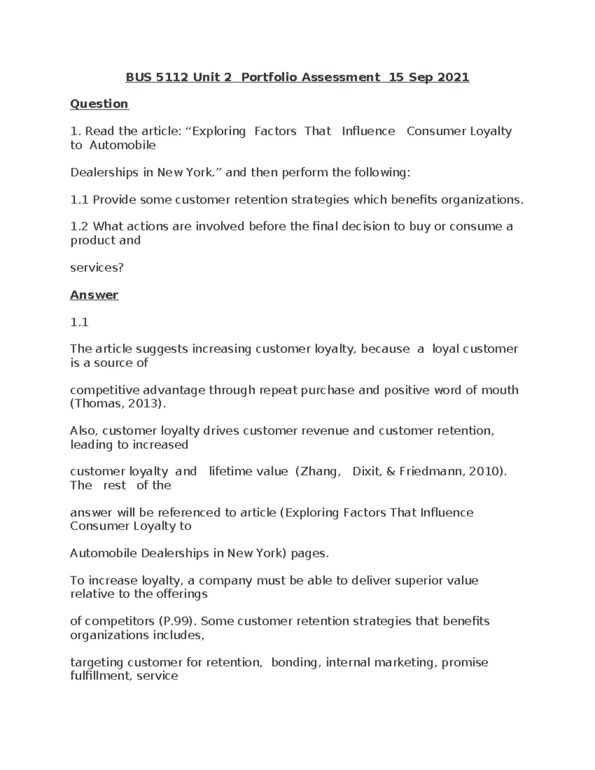 BUS 5112 Portfolio Assignment Unit 2 - BUS 5112 Unit 2 Portfolio Assessment 15 Sep 2021 Question ...