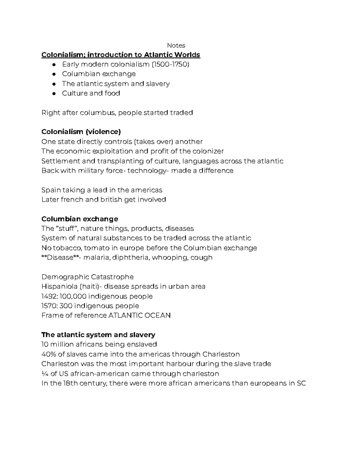 Notes Nov 16th - Notes Colonialism; introduction to Atlantic Worlds ...