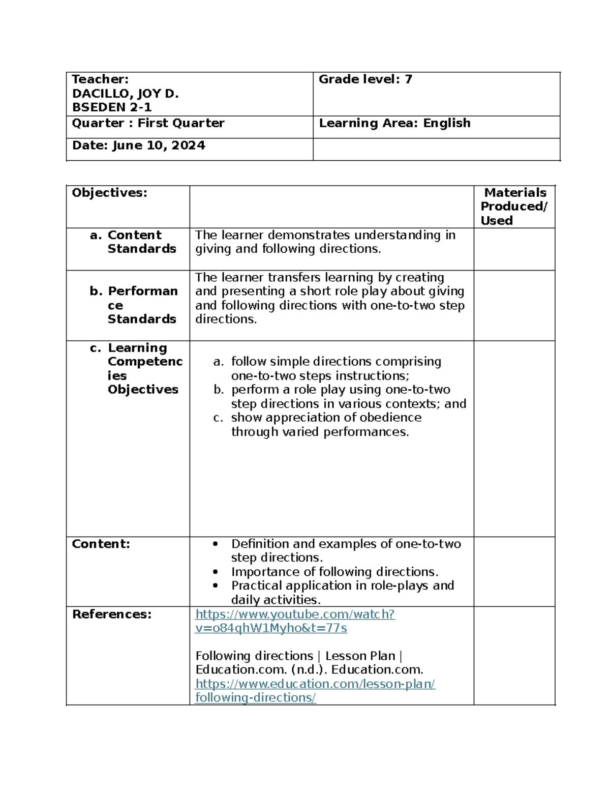Dacillo C.E LP - Teacher: DACILLO, JOY D. BSEDEN 2- Grade level: 7 ...