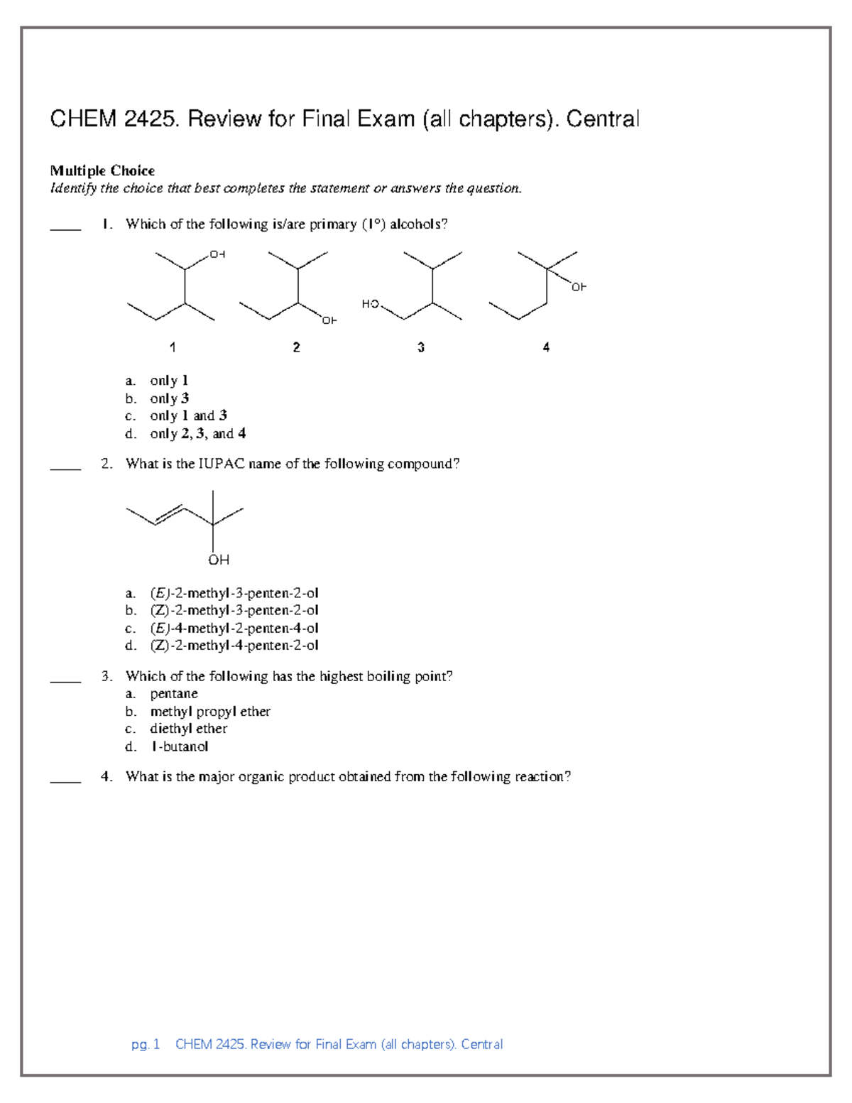 CHEM 2425. Review for Final Exam -all chapters-. Central - CHEM 2425 ...