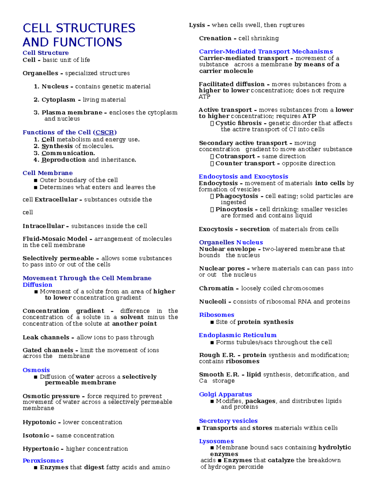 Cell Structures Functions - CELL STRUCTURES AND FUNCTIONS Cell ...