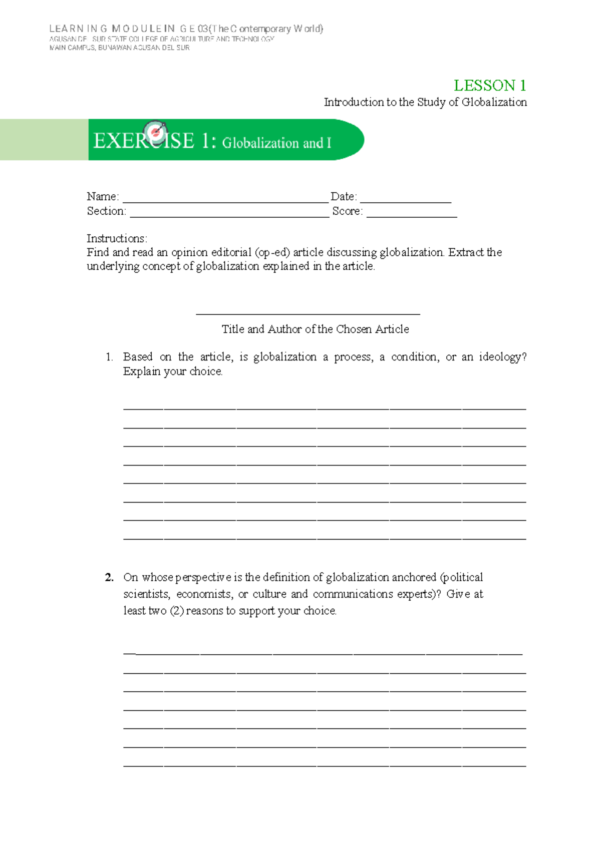 Lesson-1- Assessment - LESSON 1 Introduction to the Study of ...