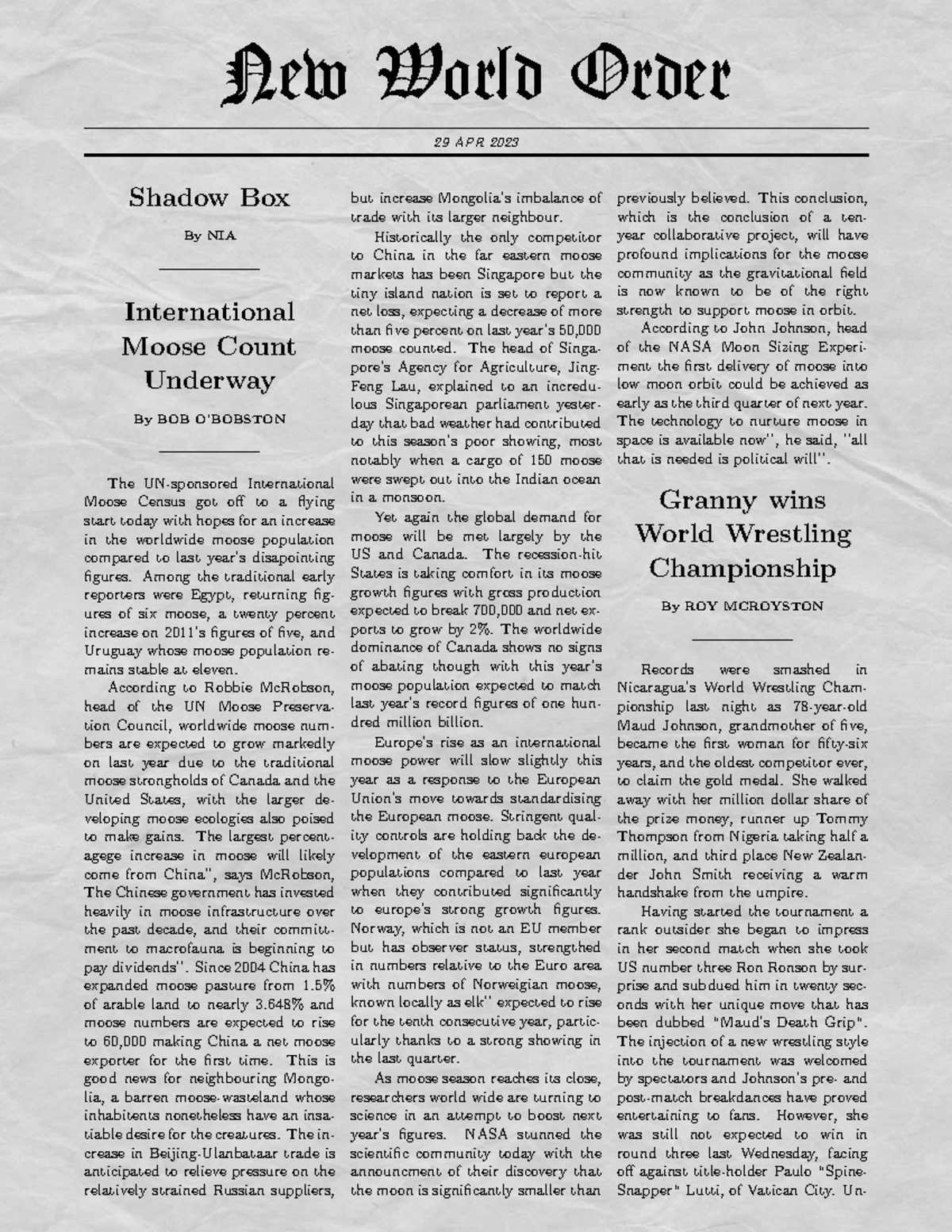 Newspaper - n.a - New World Order 29 APR 2023 Shadow Box By NIA ...