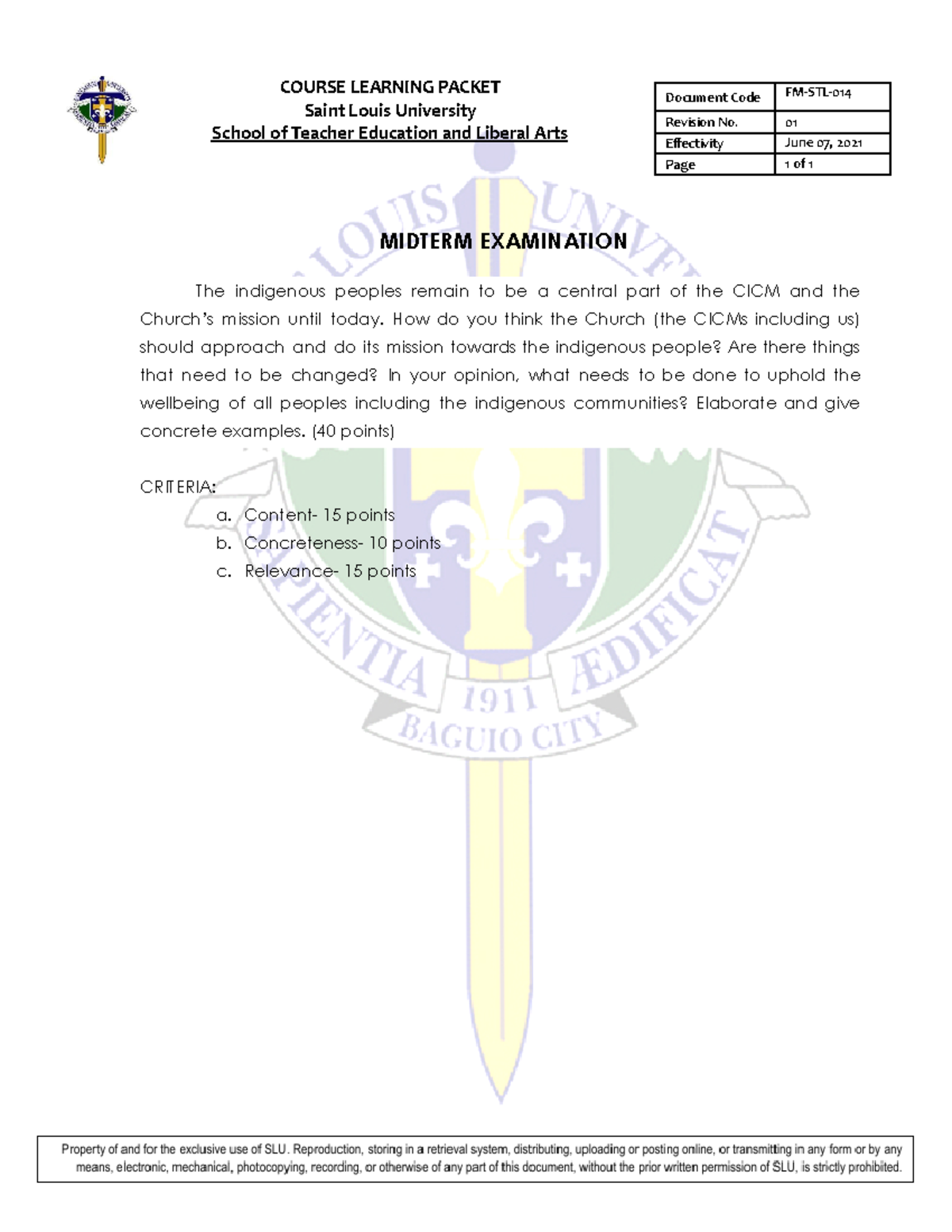 CFE 105B_Midterm Exam - COURSE LEARNING PACKET Document Code FM-STL ...