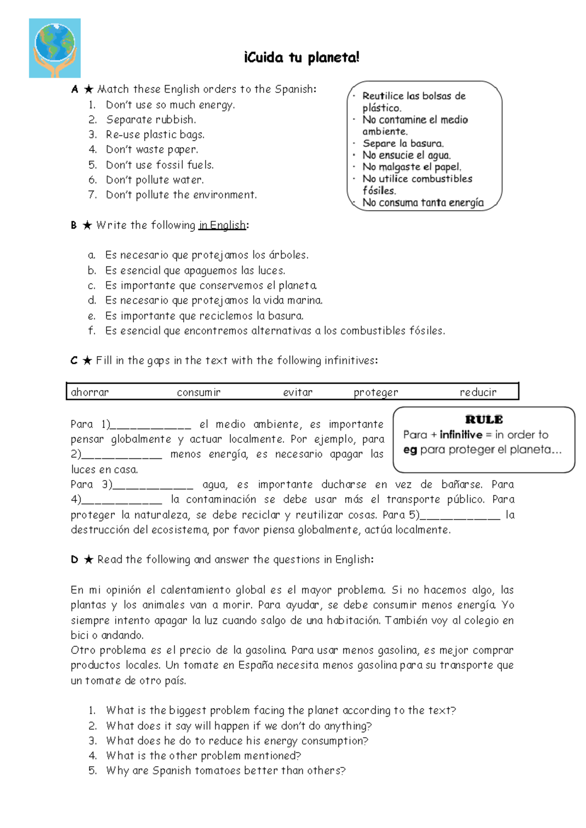 03 Cuida tu planeta reading exercises - ¡Cuida tu planeta! A ★ Match ...