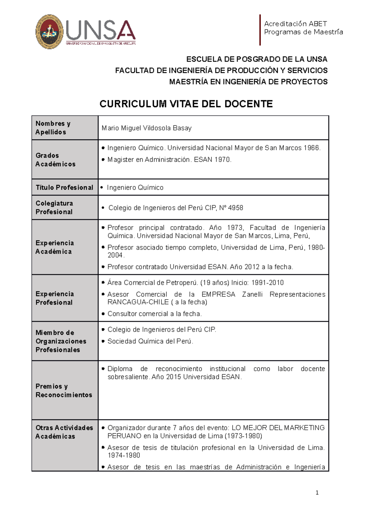 Curriculum Vitae ABET ( Modelo) Mario Vildosola - ESCUELA DE POSGRADO ...