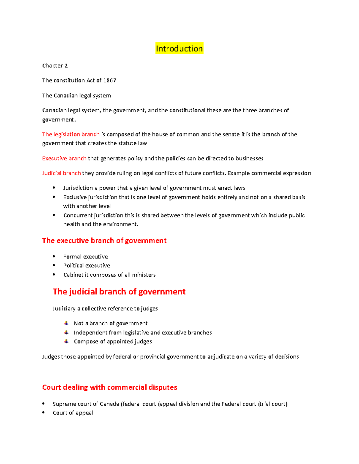 Blaw notes - Introduction Chapter 2 The constitution Act of 1867 The ...