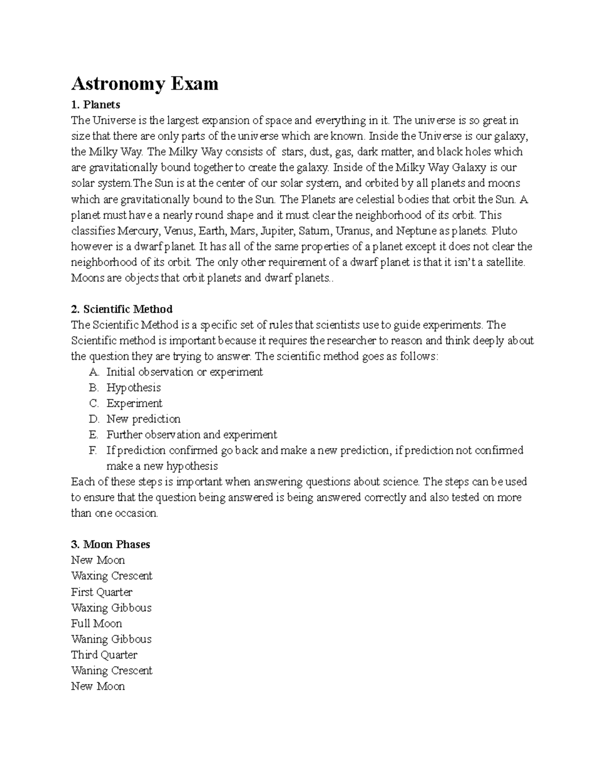 Astronomy 129 Part 2 - Final Exam Review - Astronomy Exam Planets The ...