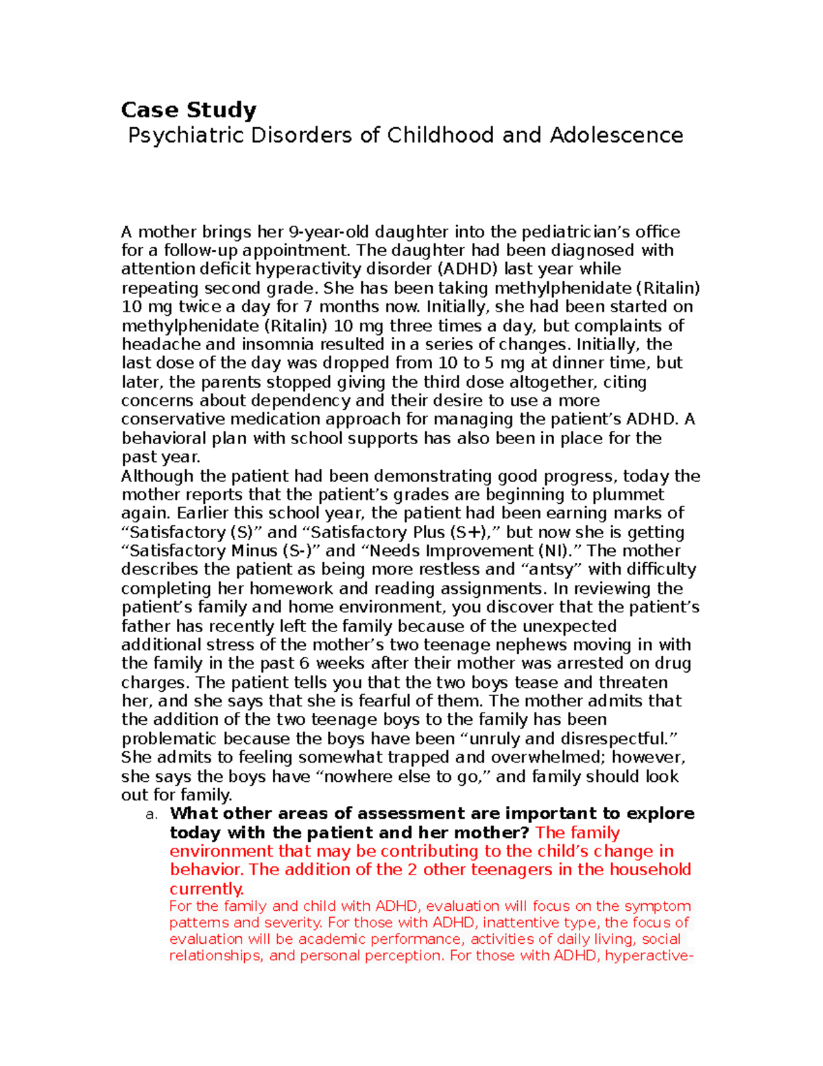 Childhood Psychiatric Disorders ADHD Case Study-KEY - Case Study ...