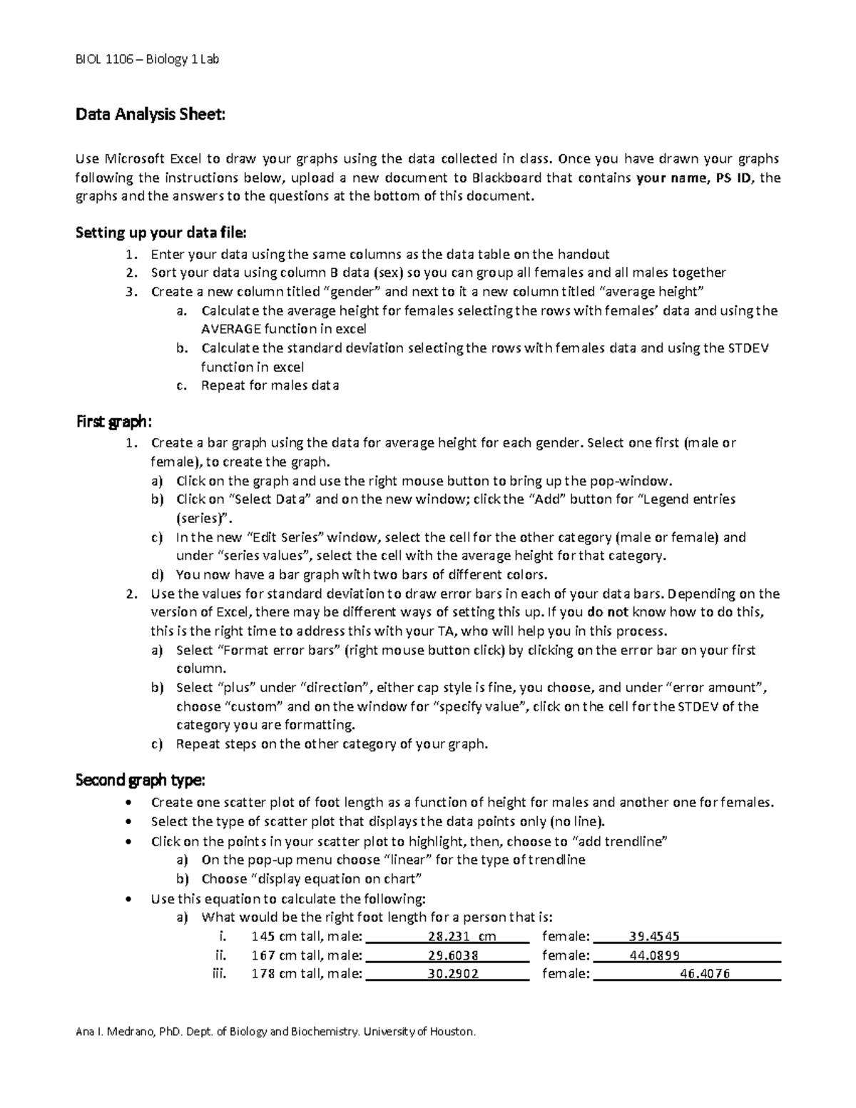 Week 1 Data Analysis Sheet - BIOL 1106 – Biology 1 Lab Ana I. Medrano, PhD. Dept. of Biology and ...